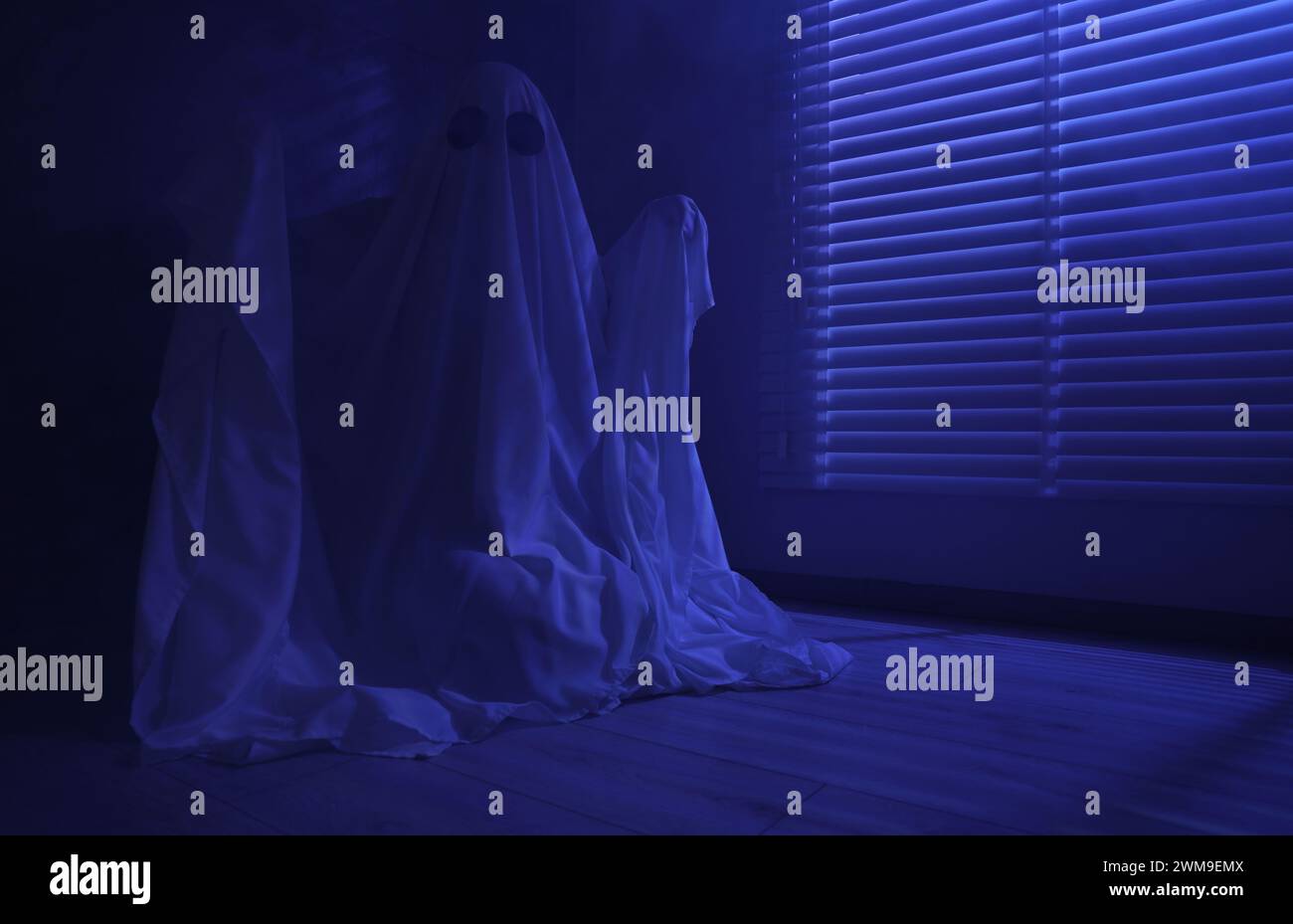 Creepy ghost. Woman covered with sheet near window in blue light, space ...