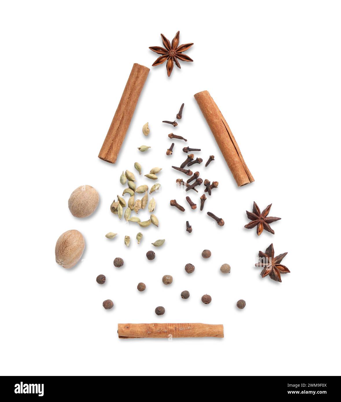 Christmas tree made of different spices on white background, top view ...