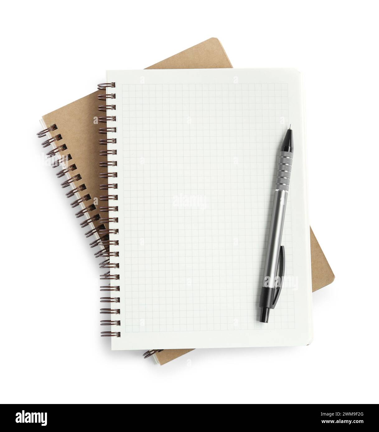 Two notebooks and pen isolated on white, top view Stock Photo - Alamy