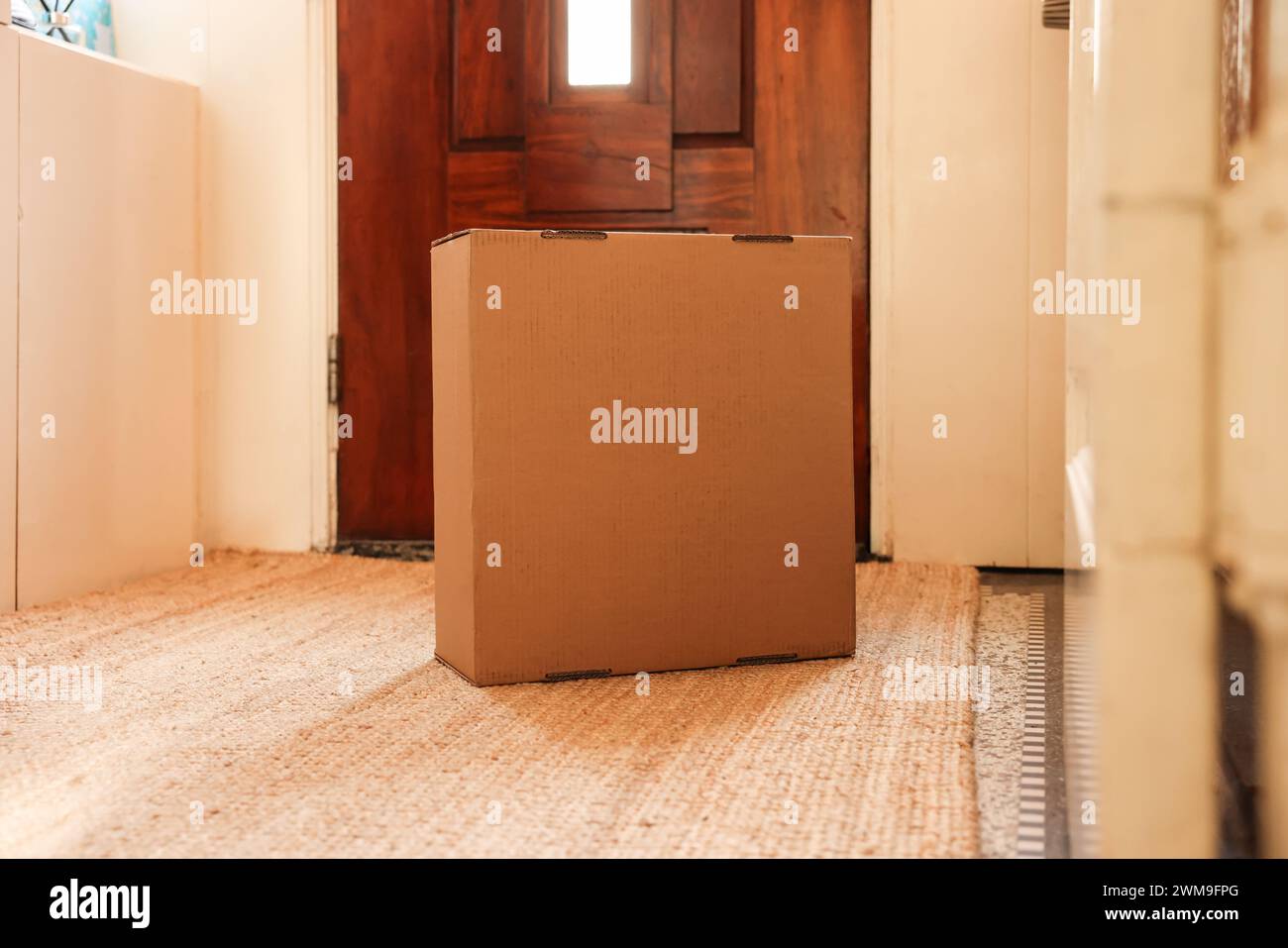 Delivery service. Cardboard on rug near wooden door indoors Stock Photo ...