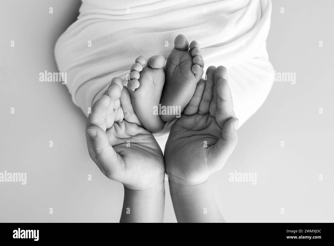 Feet of the newborn on the palms of the parents. Studio macro black and ...