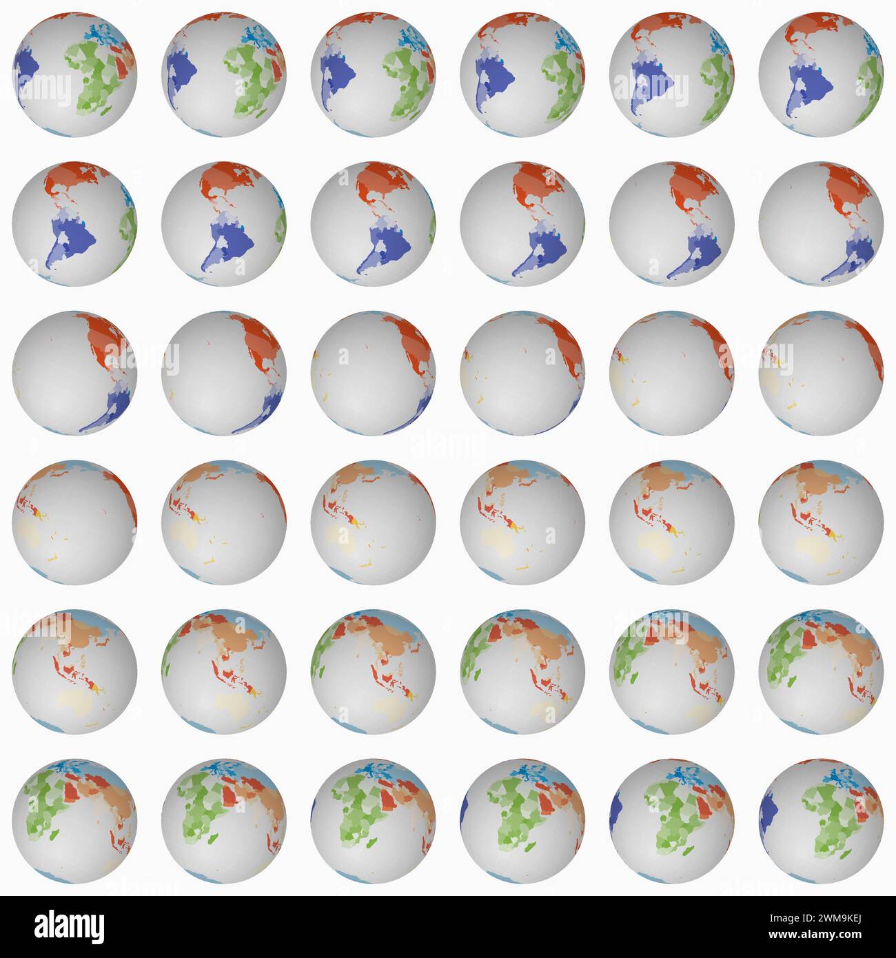 Collection of earth globes. Tilted sphere view. Rotation step 10 ...