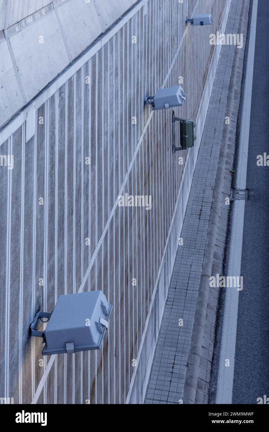 Large lighting spotlights for access to an underground road tunnel ...