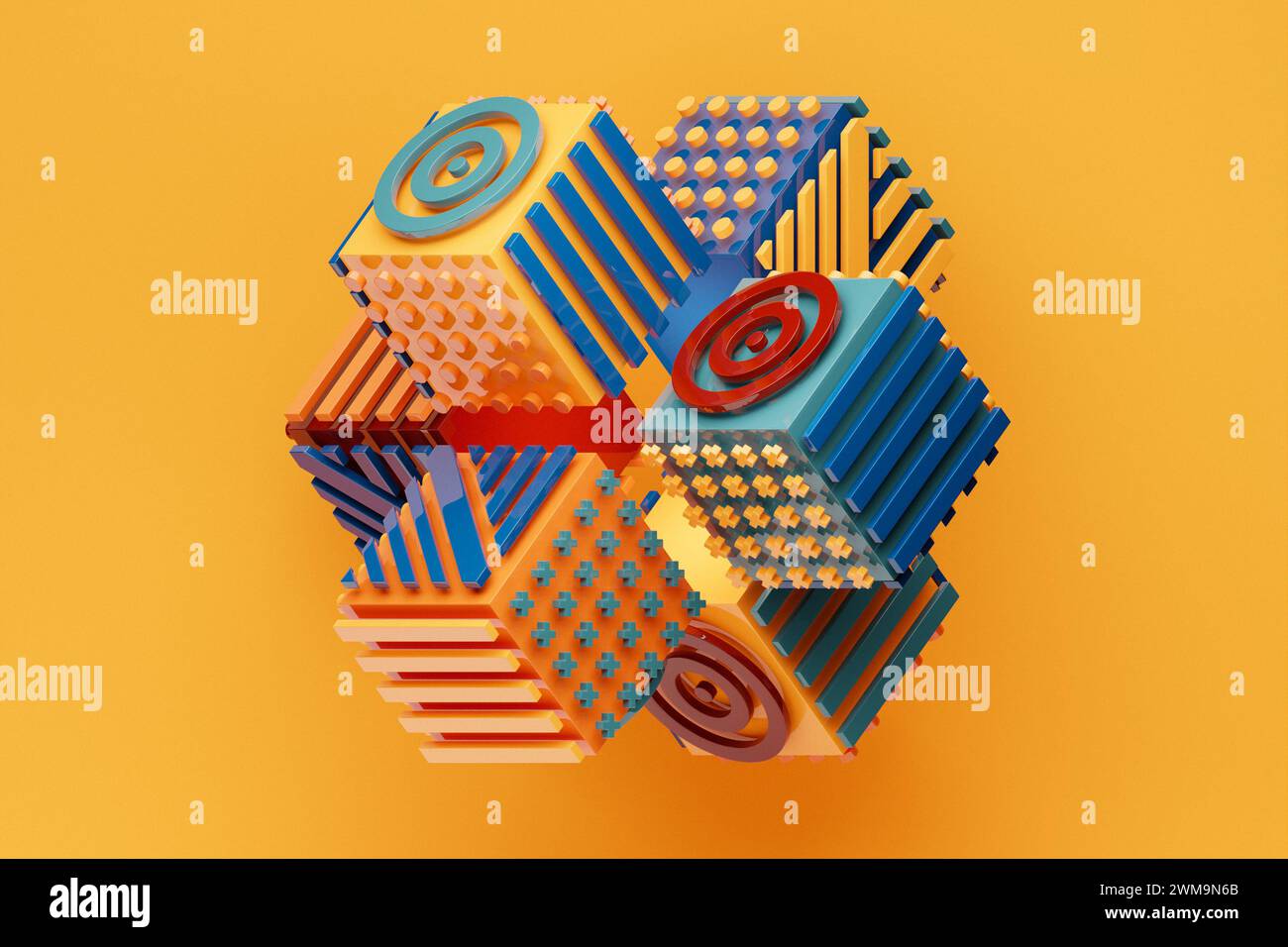 3D rendering, abstract bright figure with various patterns, shapes and ...
