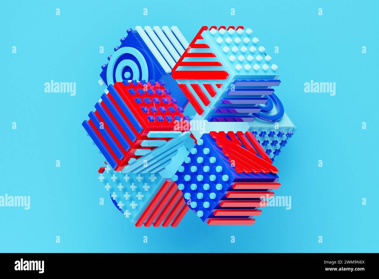 3D rendering, abstract bright figure with various patterns, shapes and ...