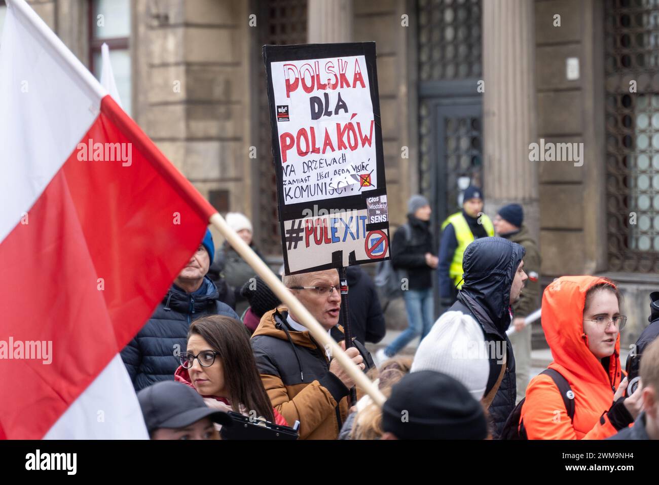 Warsaw, Poland. 24th Feb, 2024. Protesters take part during the ...