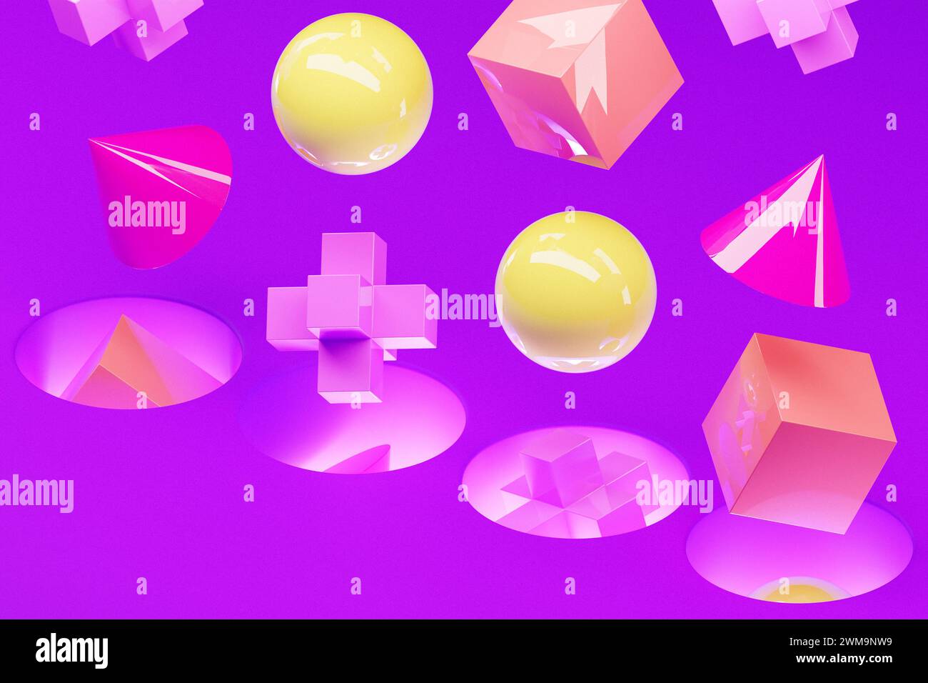 3D rendering, ideal shape, multi-colored volumetric figures falling ...