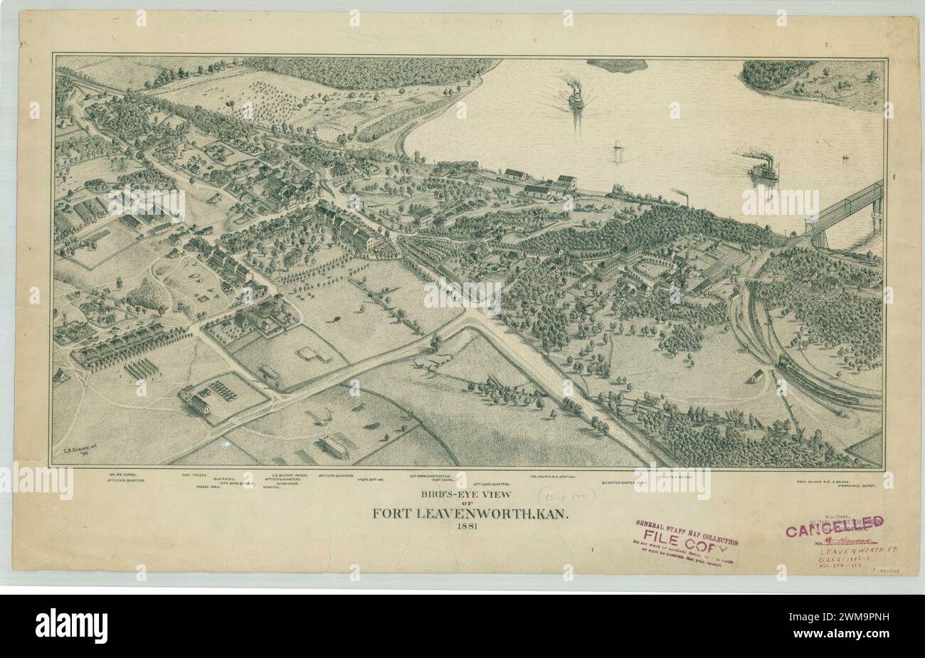 Bird's eye view of Fort Leavenworth, Kansas Stock Photo - Alamy