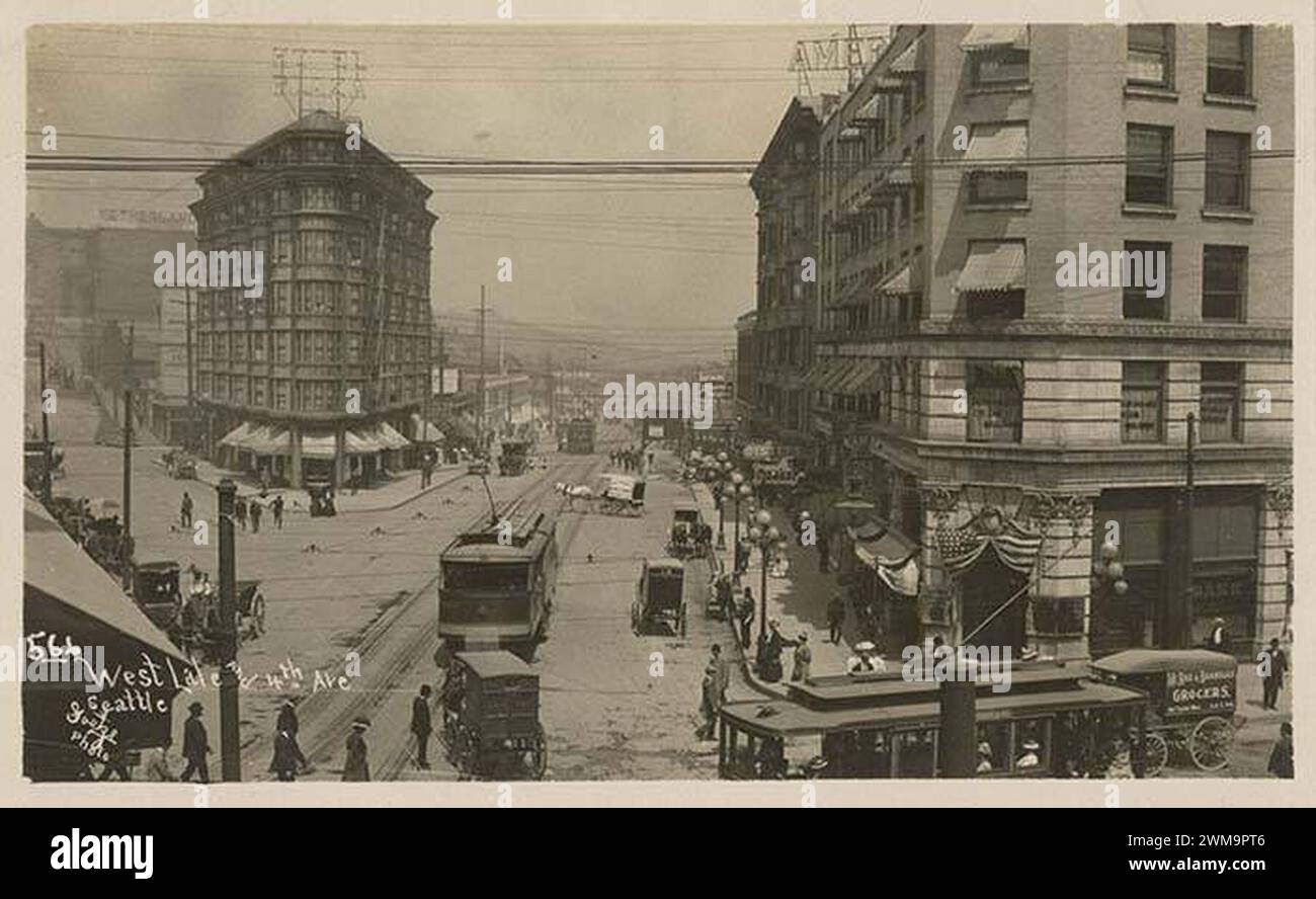 Birds-eye view of intersection at Westlake and Fourth Avenue, Seattle ...
