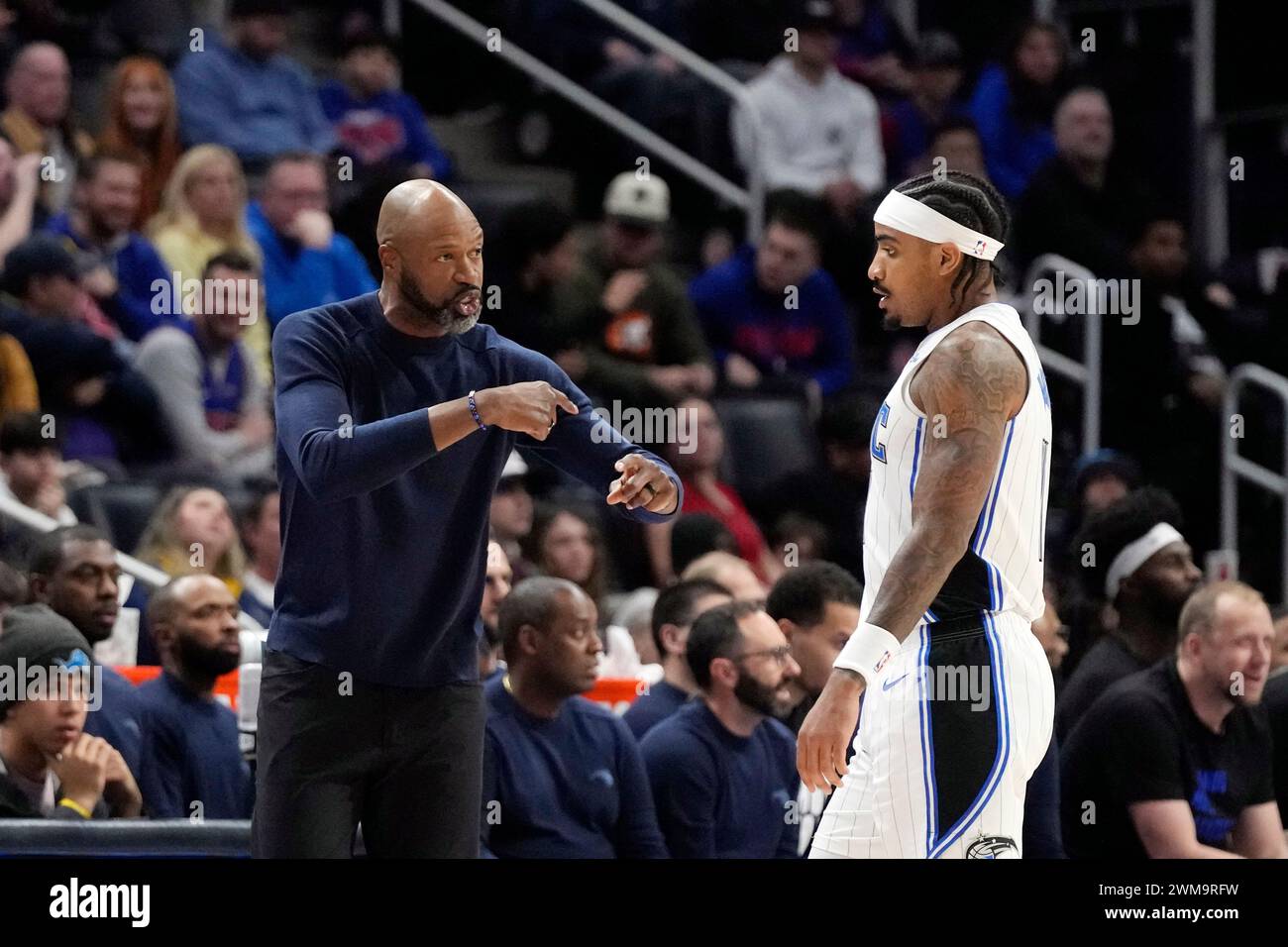Orlando Magic head coach Jamahl Mosley talks to guard Gary Harris ...