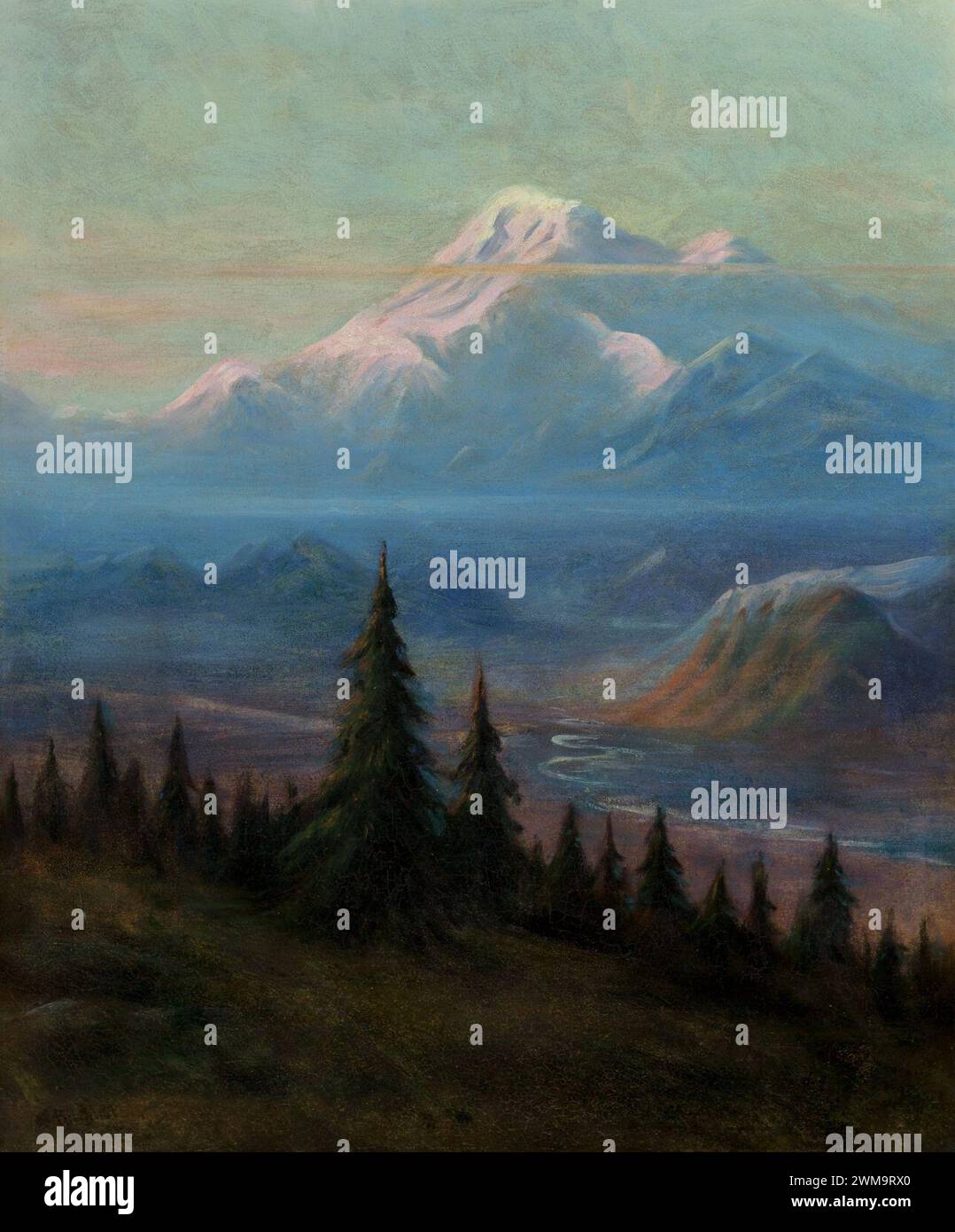 Puyallup River Valley and Mount Rainier by Albert Bierstadt Stock Photo ...