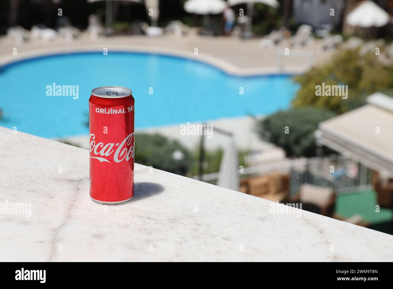 ANTALYA, TURKEY - MAY 18, 2021 Can of Coca Cola on bar desk, close up ...