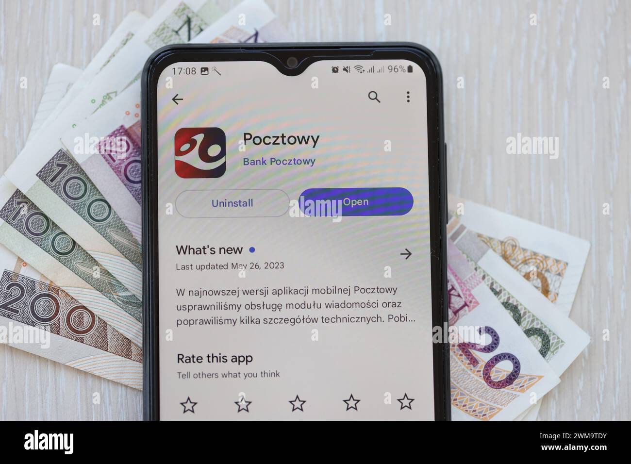 TERNOPIL, UKRAINE - AUGUST 3, 2023 Pocztowy bank application on screen ...