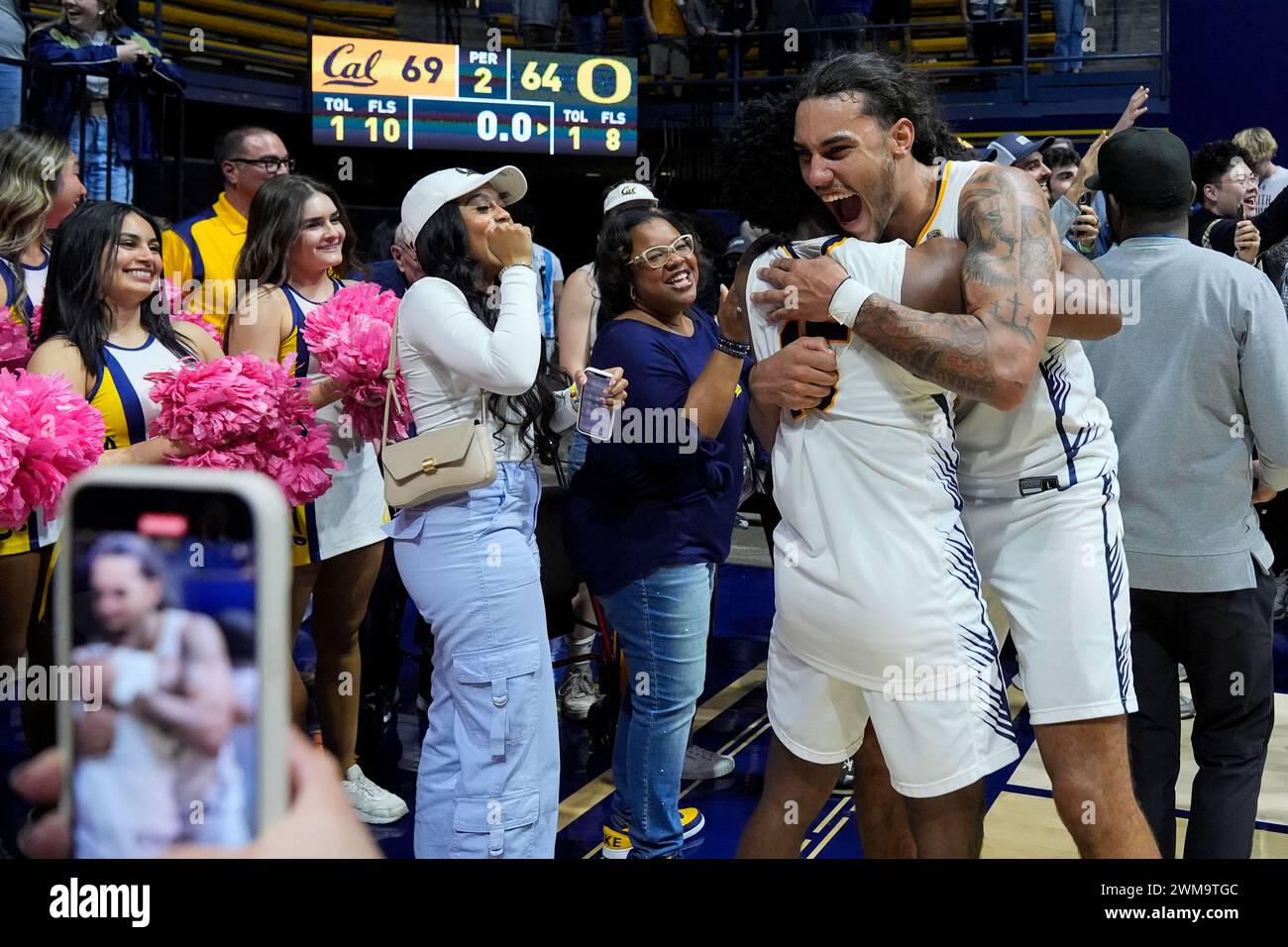 California guard Jaylon Tyson, right, hugs guard Jalen Cone after their ...