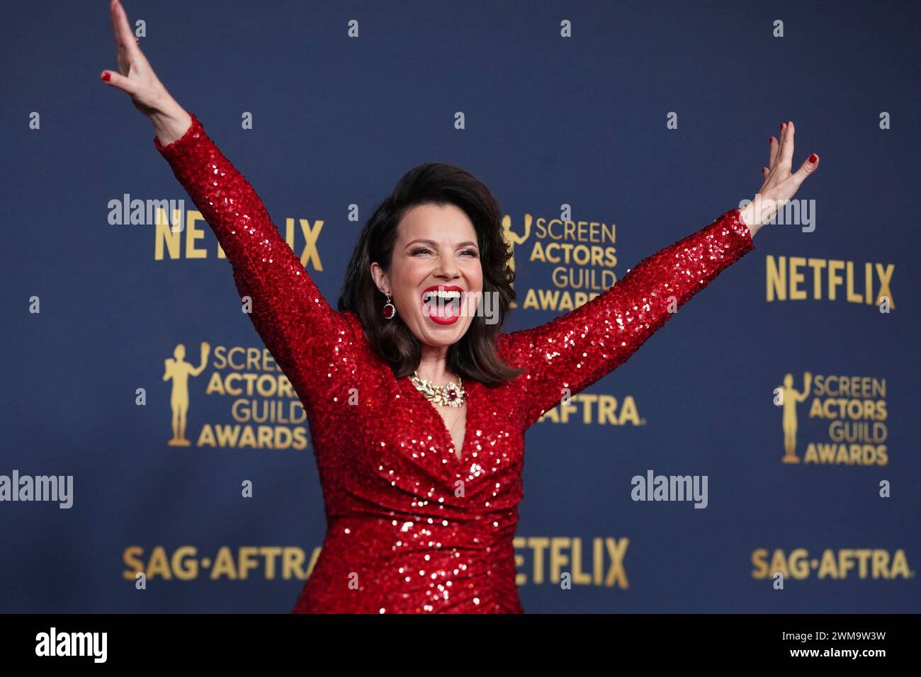SAG-AFTRA President Fran Drescher poses in the press room during the ...