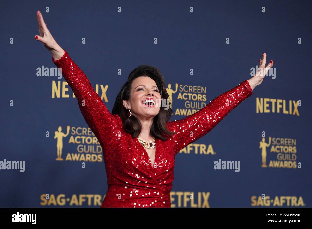 SAG-AFTRA President Fran Drescher poses in the press room during the ...