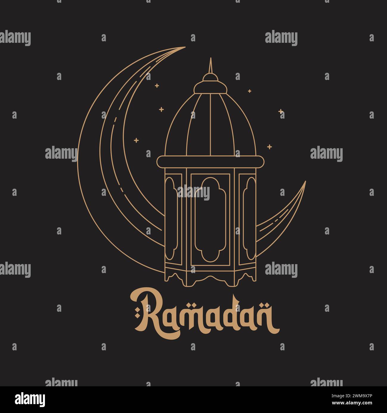 Lantern and crescent moon vector design outline style Ramadan concept ...