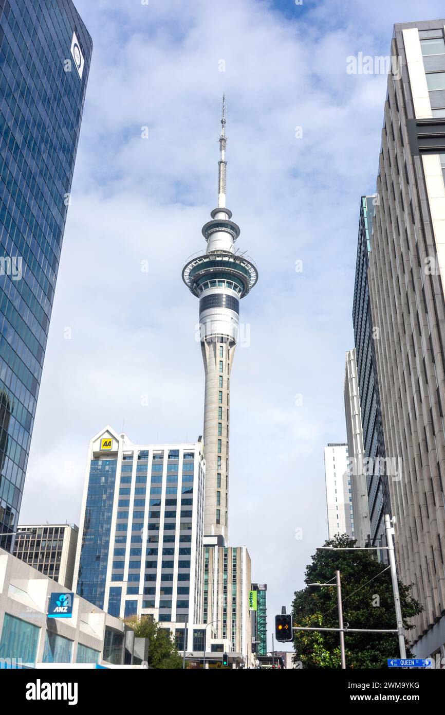 The Auckland Sky Tower from Albert Street, City Centre, Auckland, Auckland Region, New Zealand ...