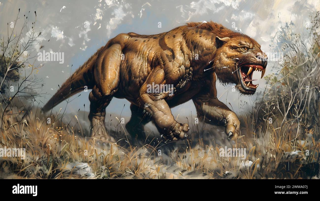 A fierce illustration of a tiger and a tyrannosaurus both shown in ...