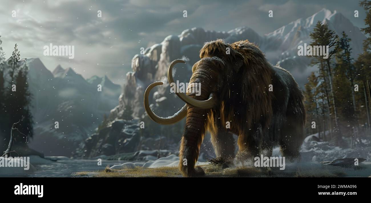 A woolly mammoth is depicted in pixel art style walking through snowy ...