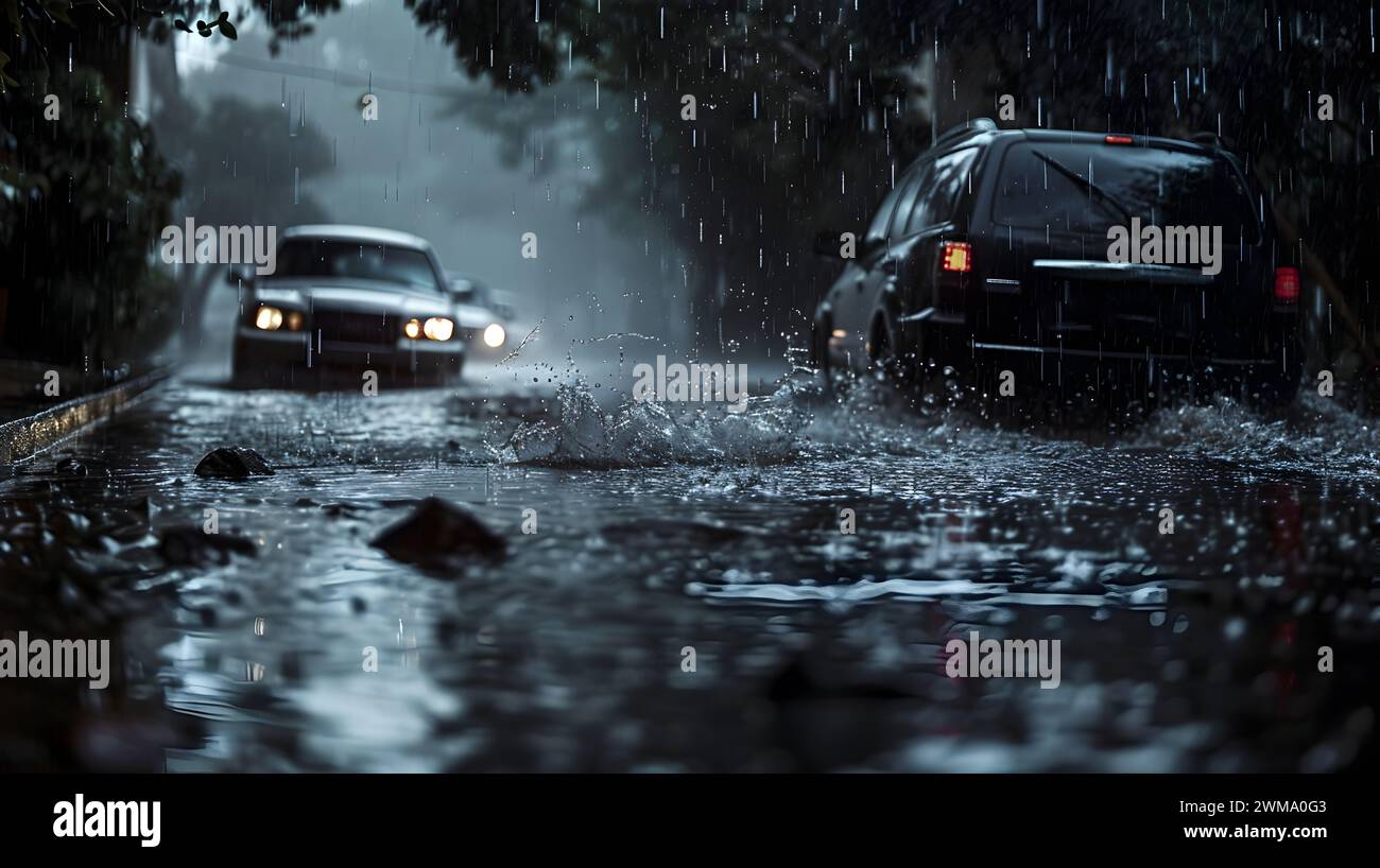 A dynamic and realistic depiction of cars driving through a rainy and ...