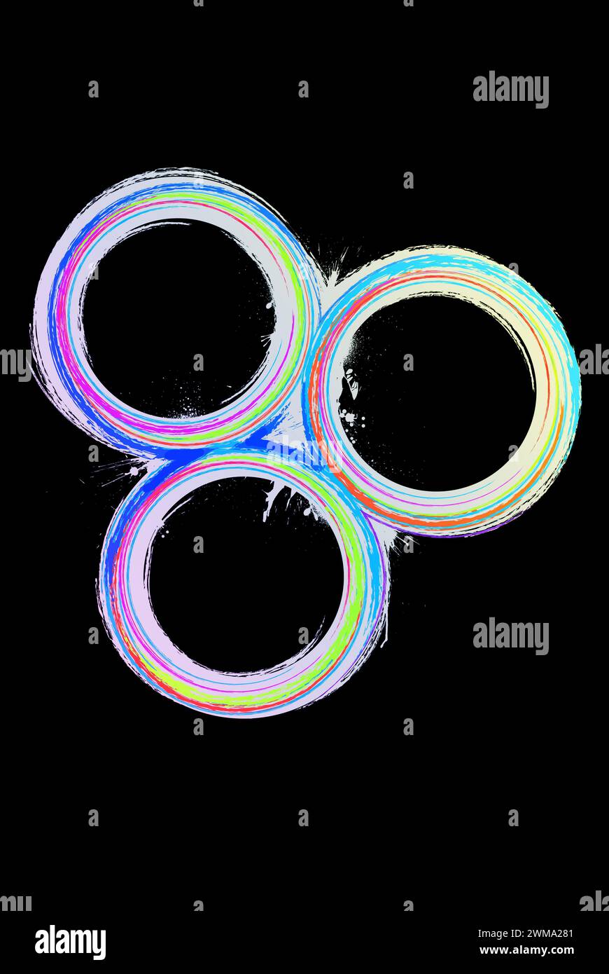 three multi-colored circles are shown in front of a black background ...