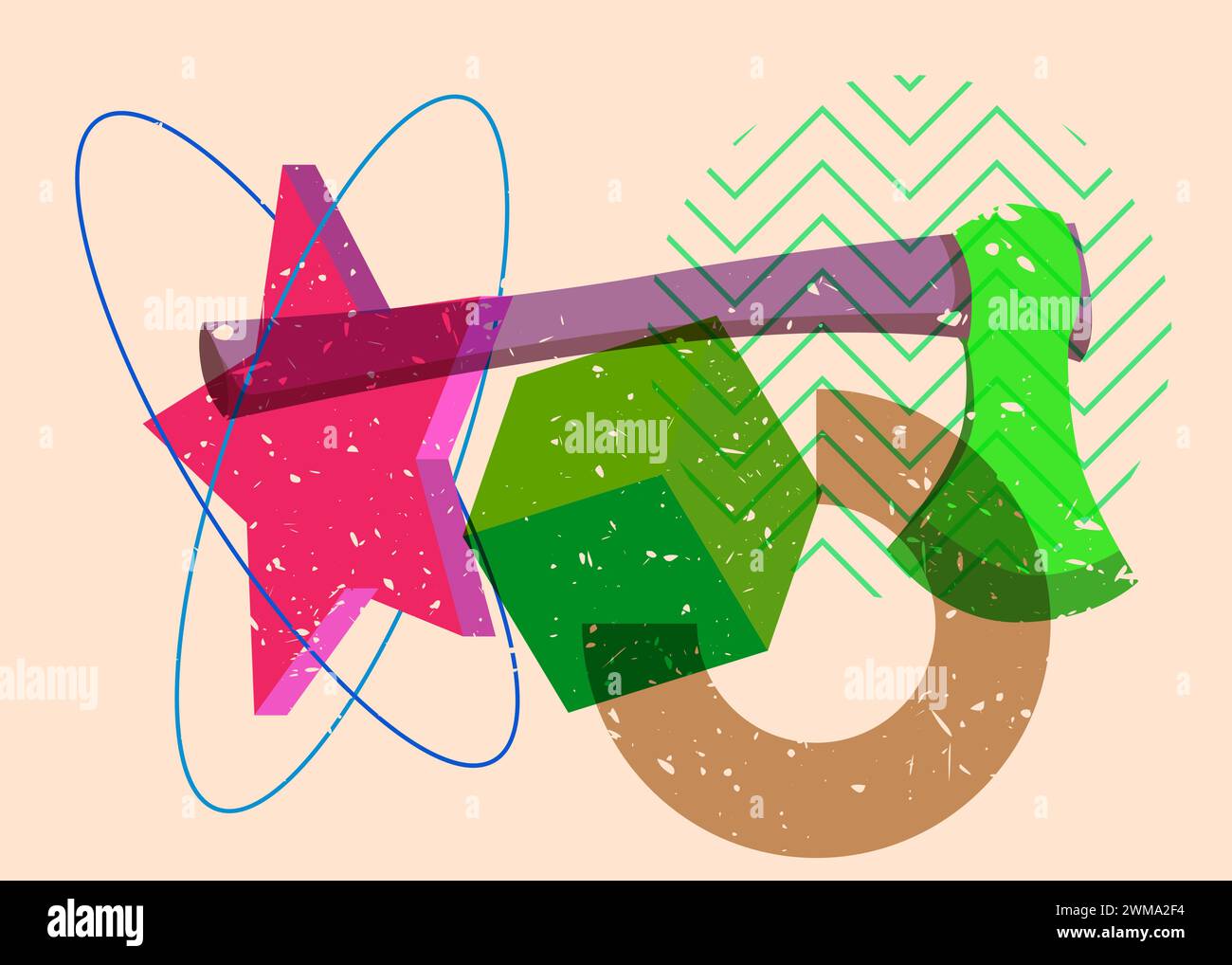 Risograph axe with geometric shapes. Objects in trendy riso graph print ...