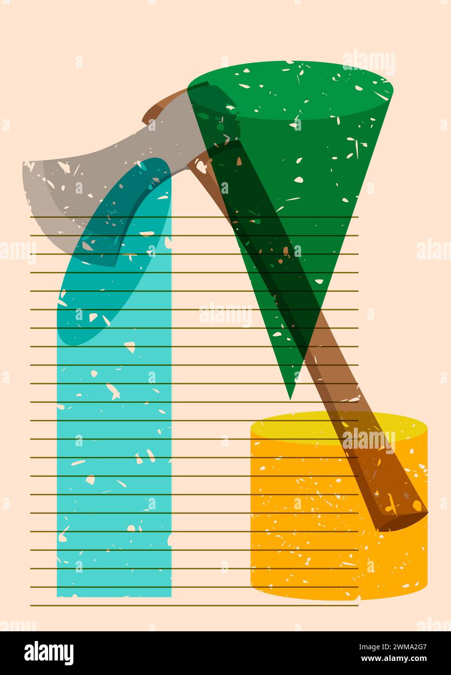 Risograph axe with geometric shapes. Objects in trendy riso graph print ...