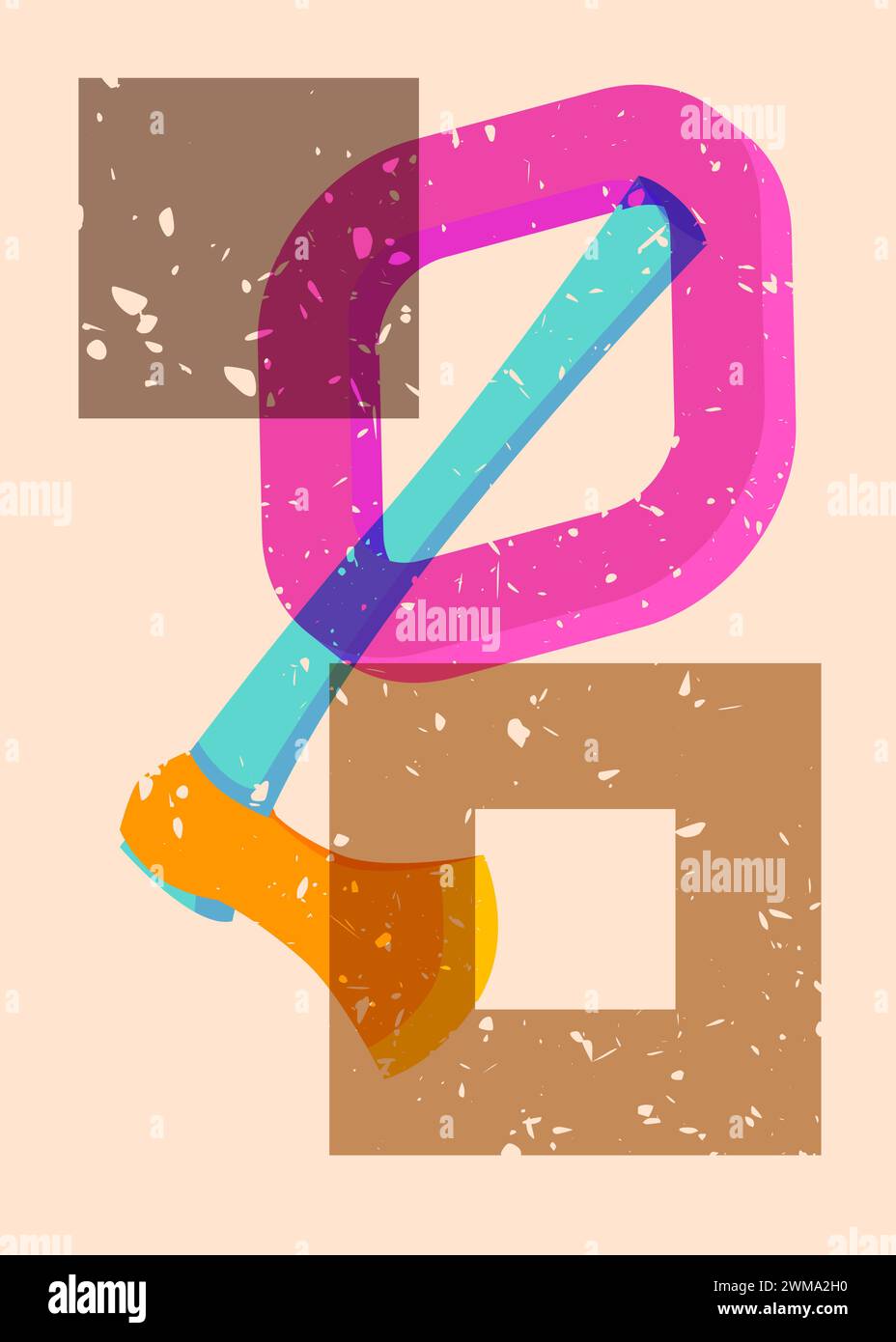 Risograph axe with geometric shapes. Objects in trendy riso graph print ...