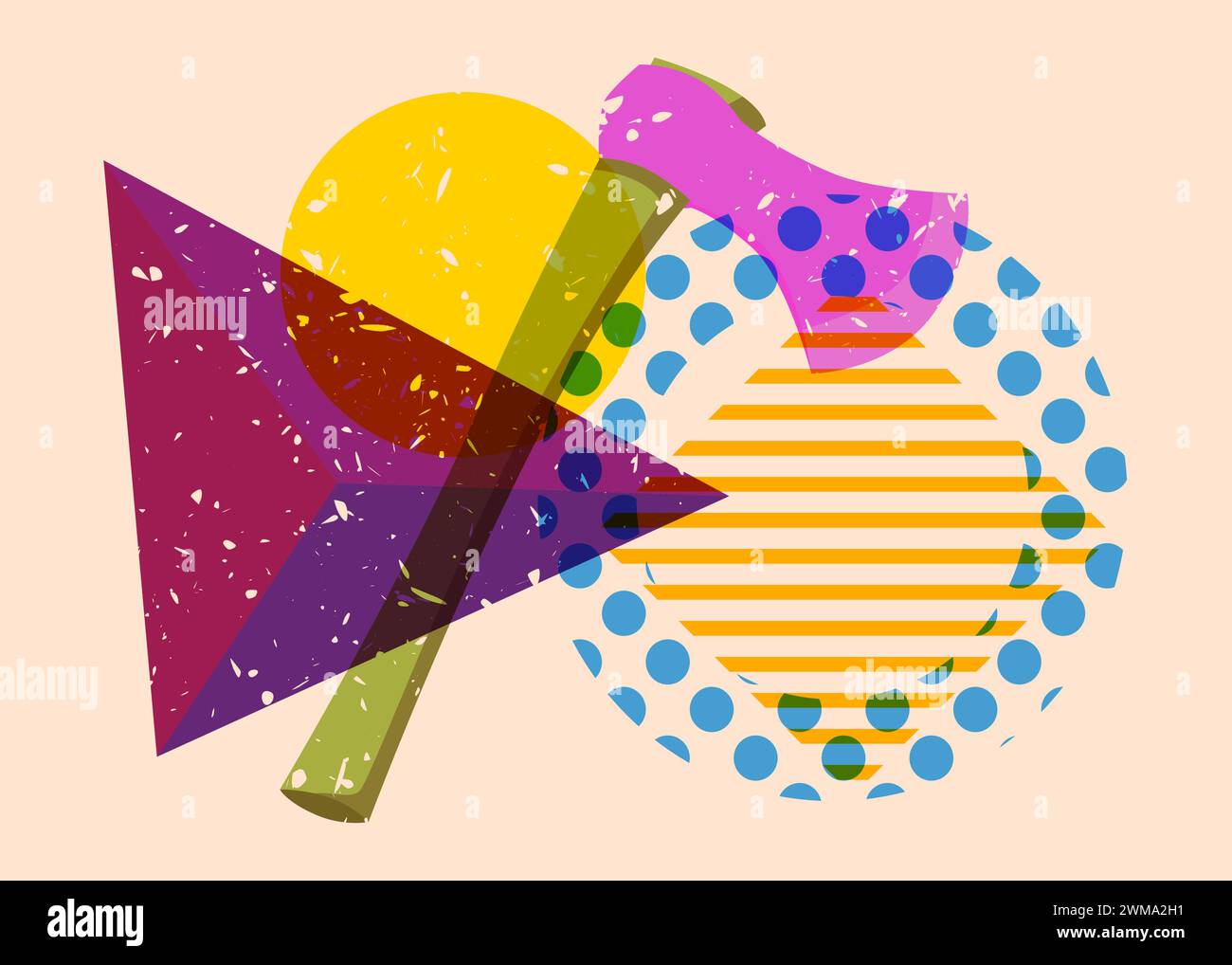 Risograph axe with geometric shapes. Objects in trendy riso graph print ...