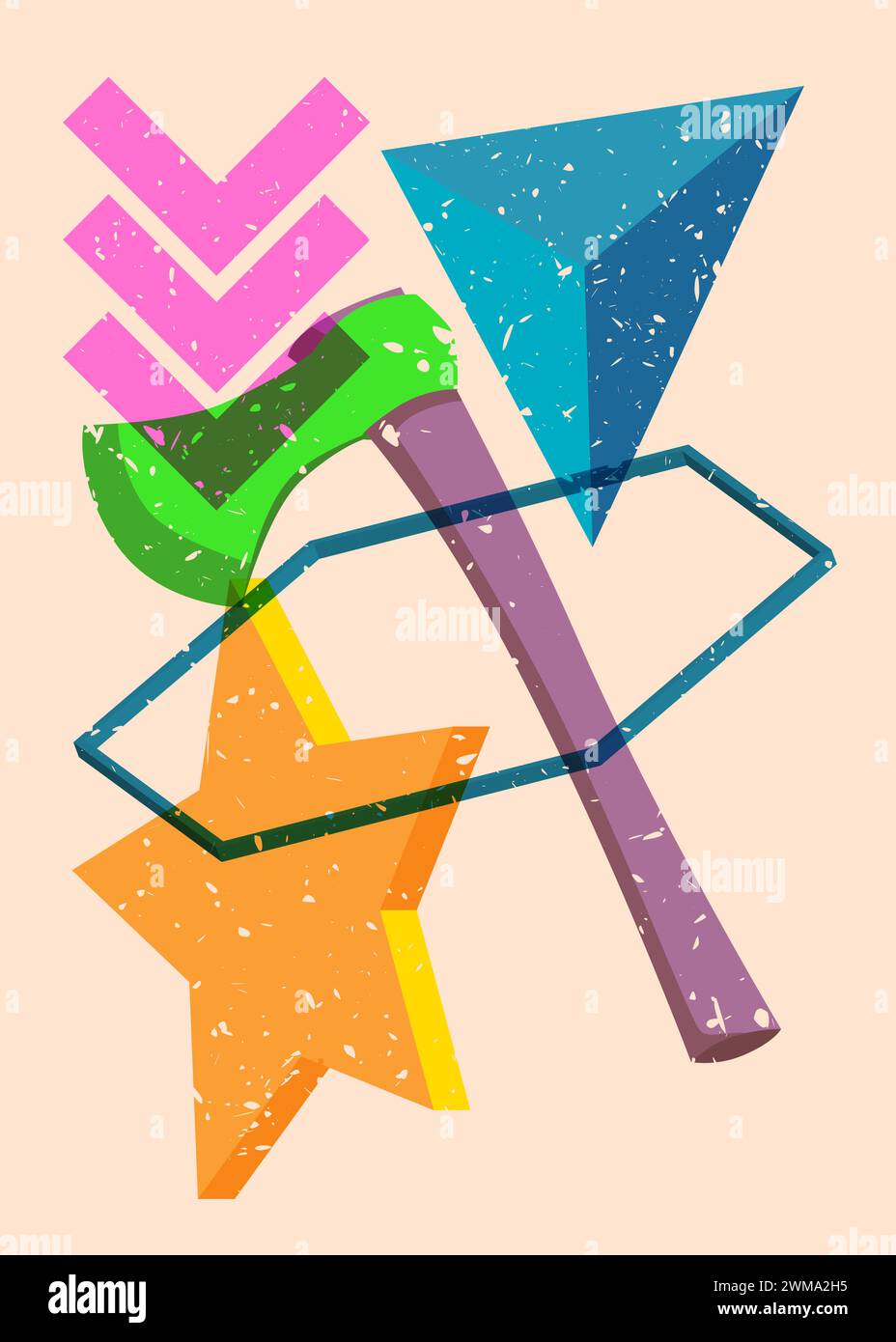 Risograph axe with geometric shapes. Objects in trendy riso graph print ...