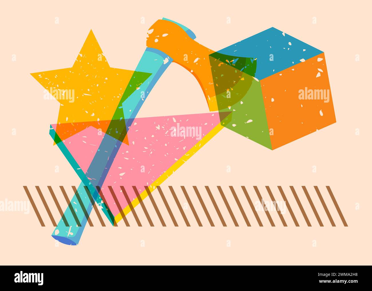 Risograph axe with geometric shapes. Objects in trendy riso graph print ...