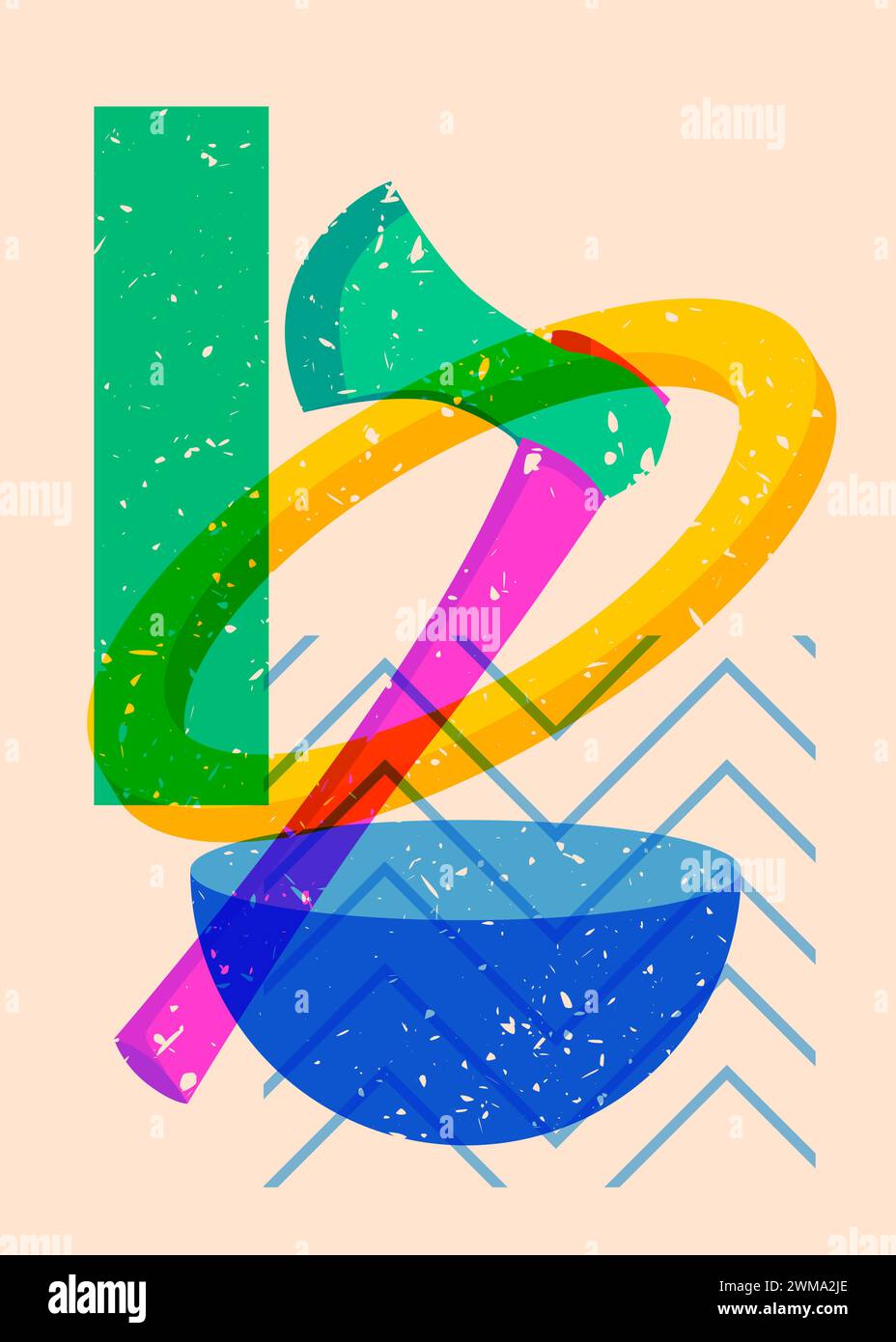 Risograph axe with geometric shapes. Objects in trendy riso graph print texture style design ...