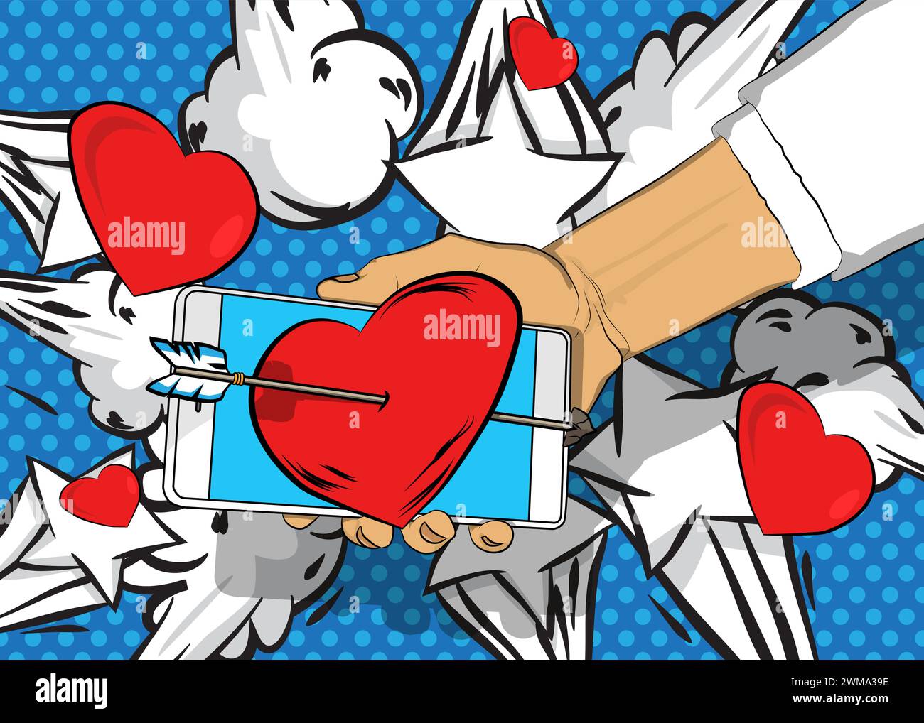 Cartoon Smartphone, comic book Telephone with Arrow Heart. Retro vector ...