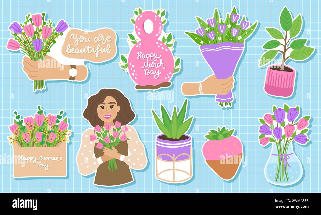 Spring sticker pack for March 8: bouquet, girl, flowers, envelope ...