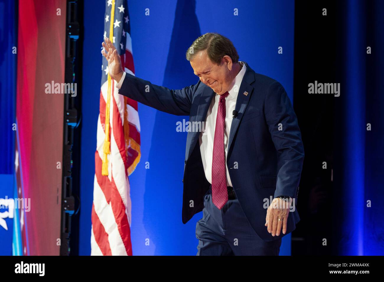 Lou Dobbs arrives on stage to speak during CPAC Conference 2024 at ...