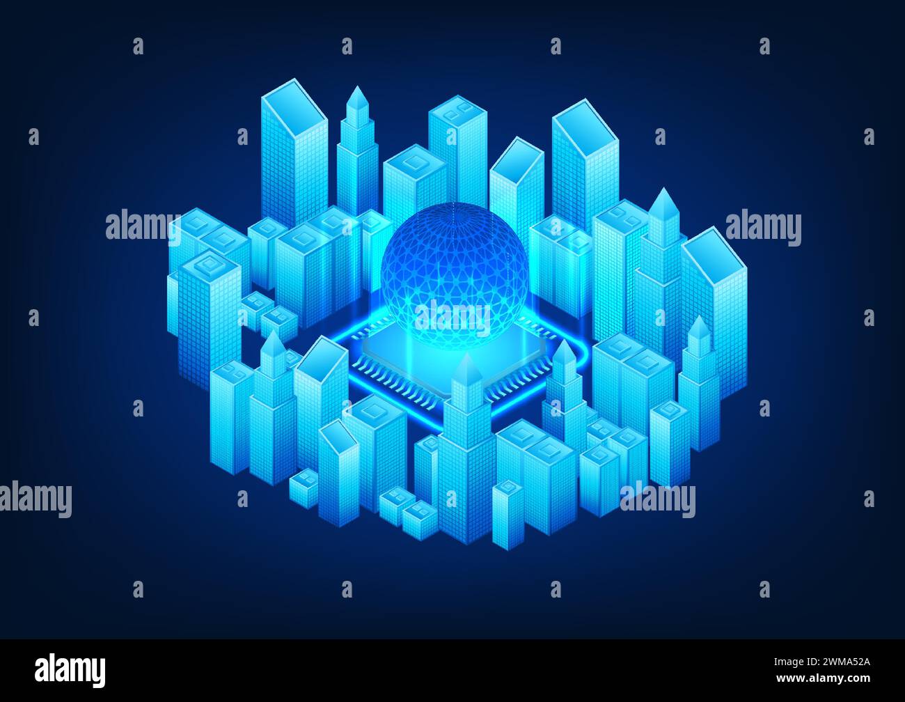 Smart city technology has a processor chip in the middle of the city. A ...