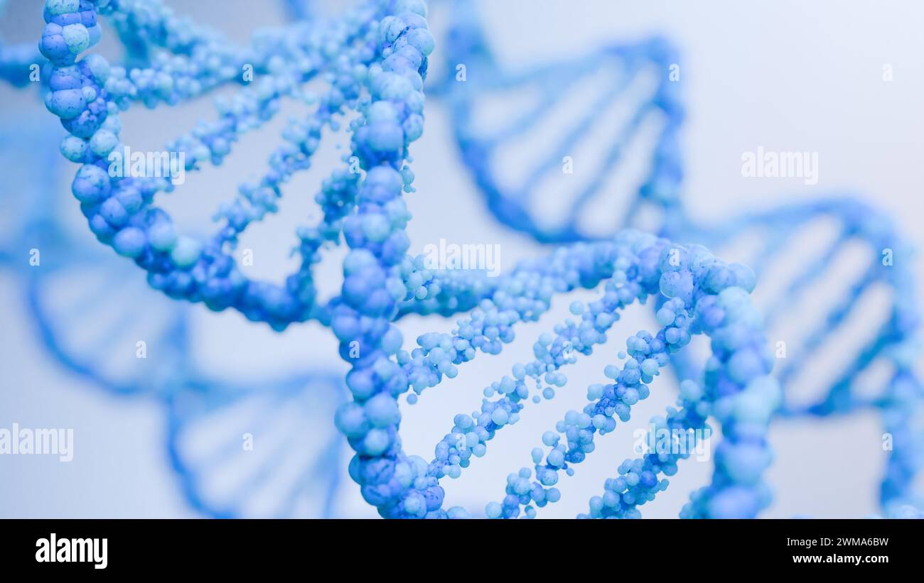 DNA on blue background. Hologram blue glowing rotating DNA double helix. Science and medicine ...