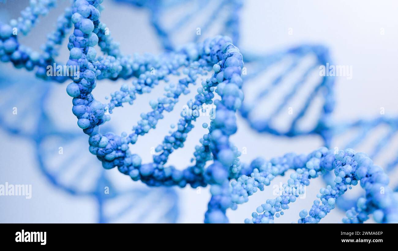 DNA on blue background. Hologram blue glowing rotating DNA double helix. Science and medicine ...