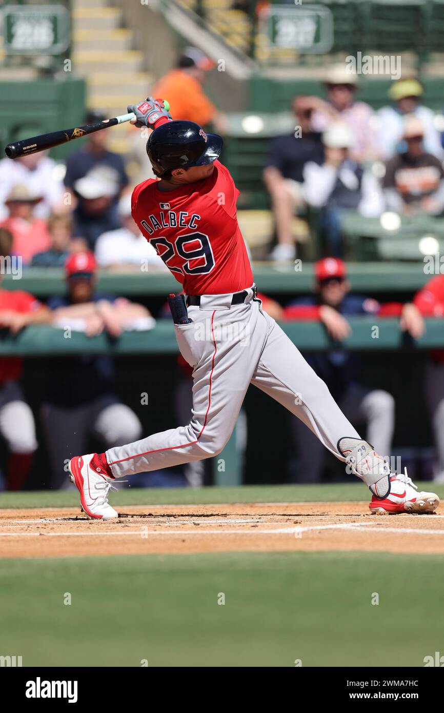 Sarasota FL USA; Boston Red Sox first baseman Bobby Dalbec (29) singles ...