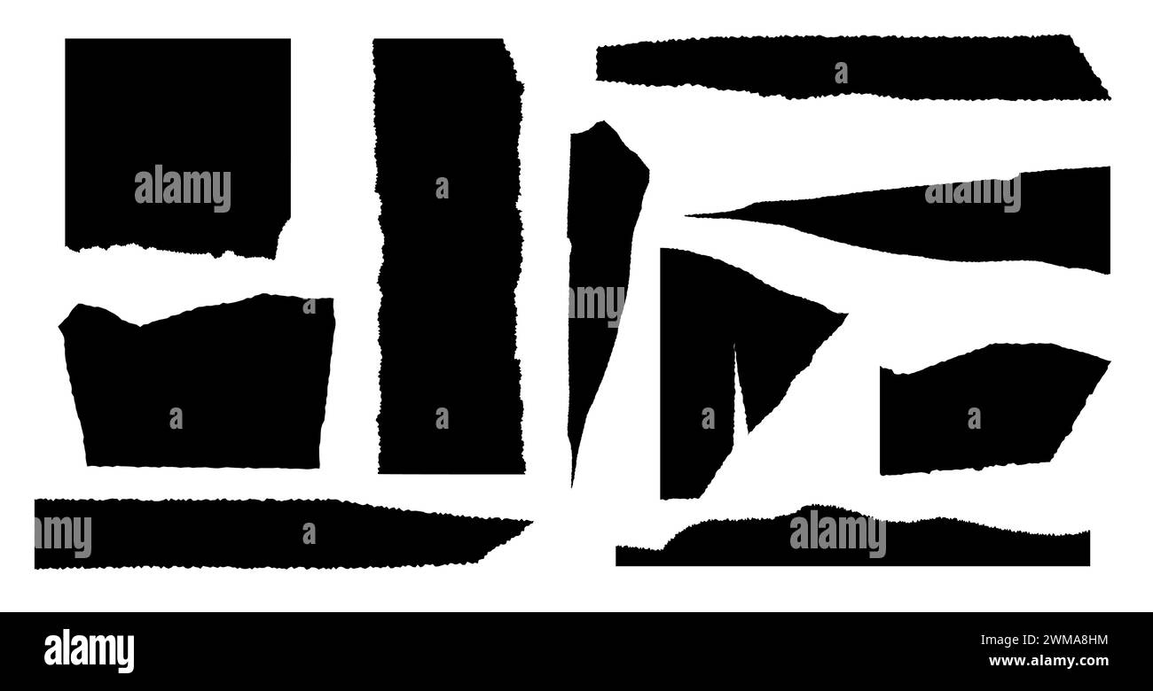 Set of torn paper pieces. Black grunge jagged borders, corners and ...