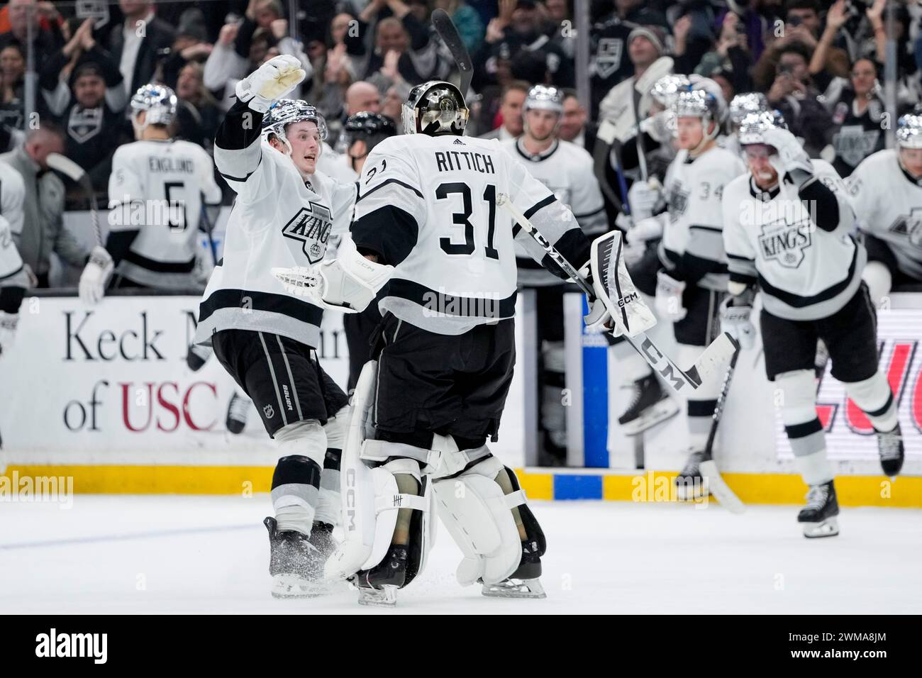 Los Angeles Kings goaltender David Rittich, center, celebrates with ...