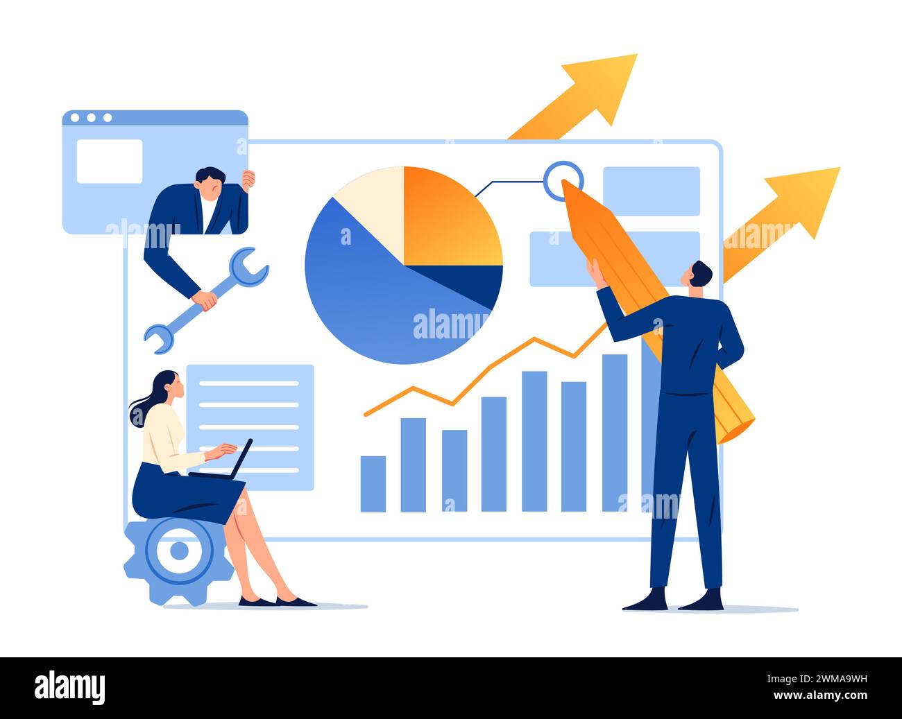 Data analysis tiny people working dashboard chart and graph business ...
