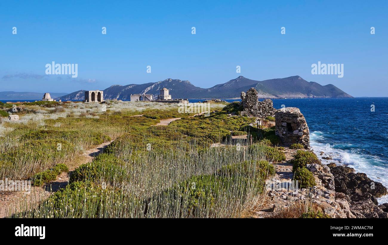 Ancient ruins on a rocky coastal landscape overlooking the sea, sea ...