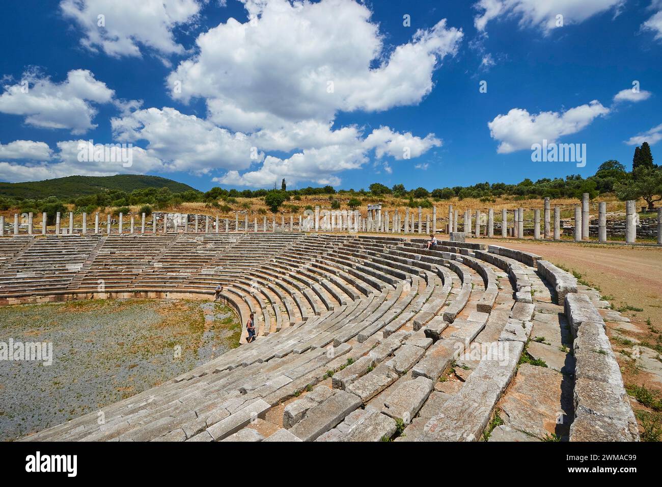 Ancient stadium with rows of seats and wild grass under a cloudy sky ...