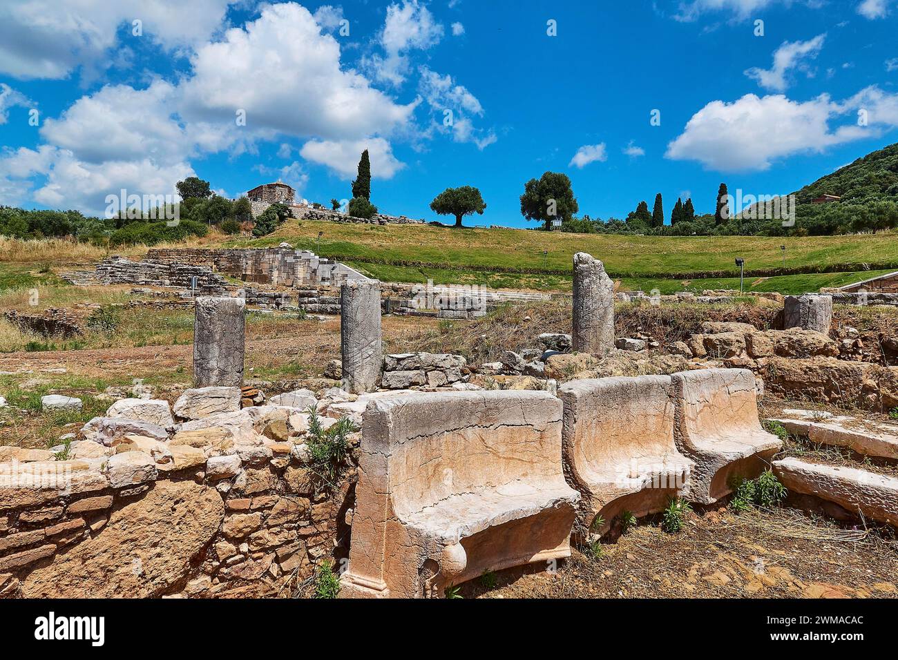 Remains of an ancient ruins site with column fragments in a green ...