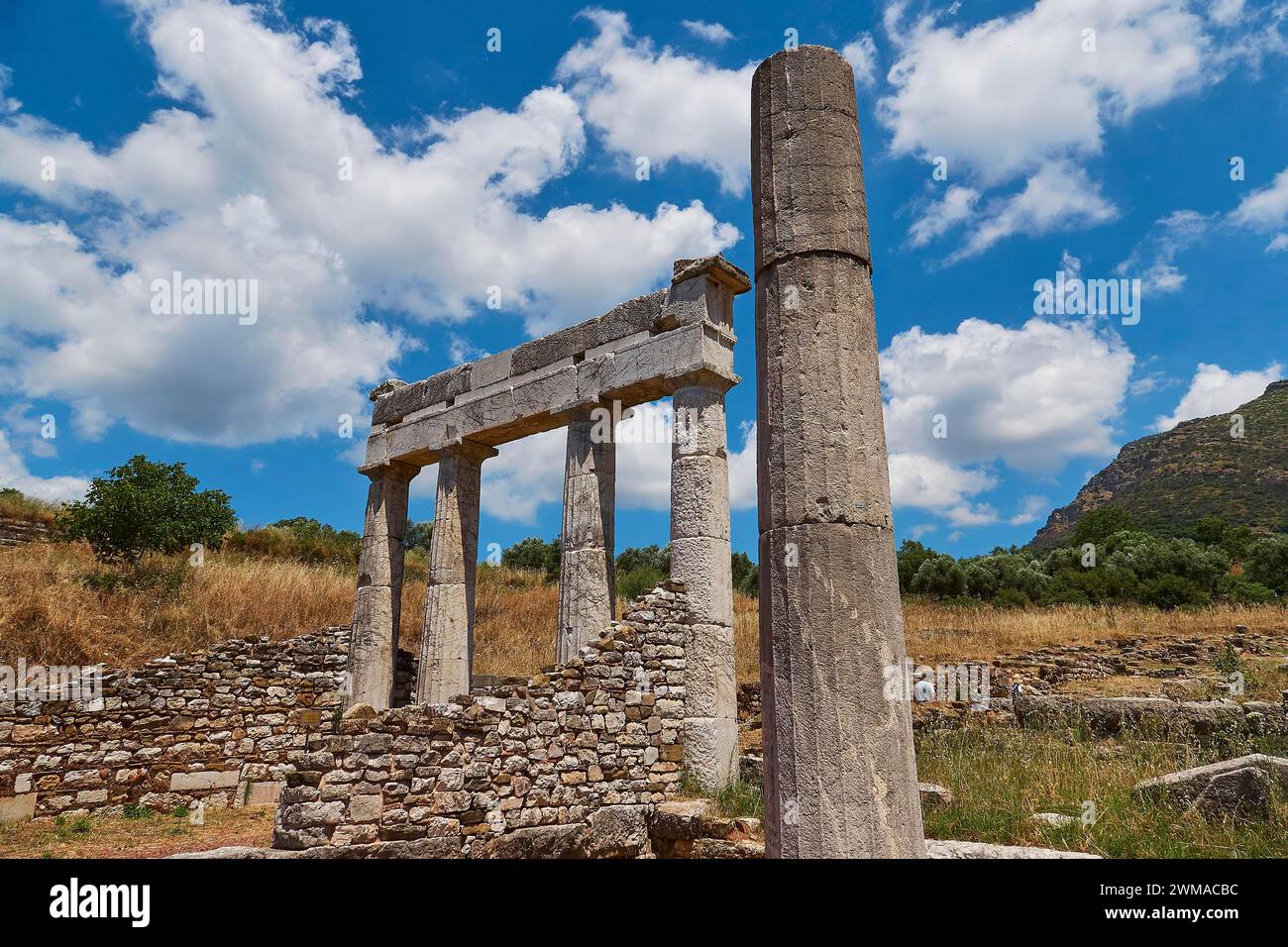 Remains of an ancient temple with columns against a cloudy blue sky ...