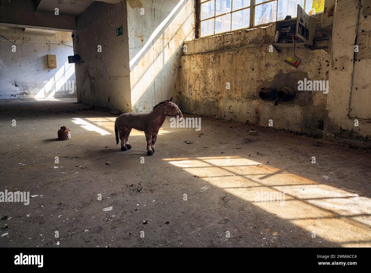 Single plush toy in an empty dilapidated factory building, peeling ...