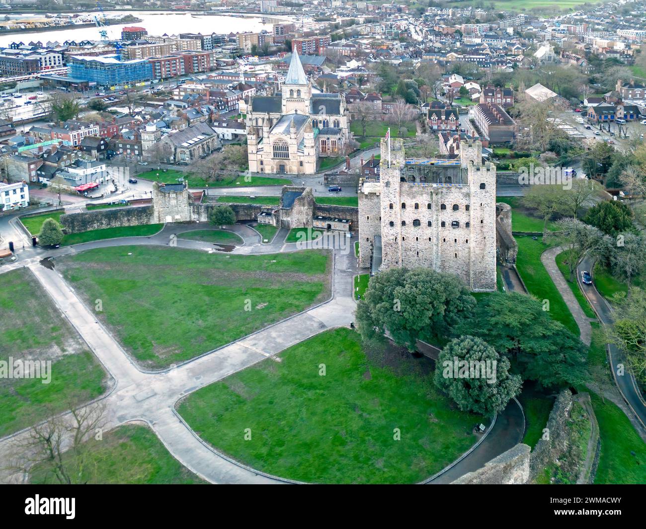 aerial view of Rochester castle dating from the 12th C and the ...