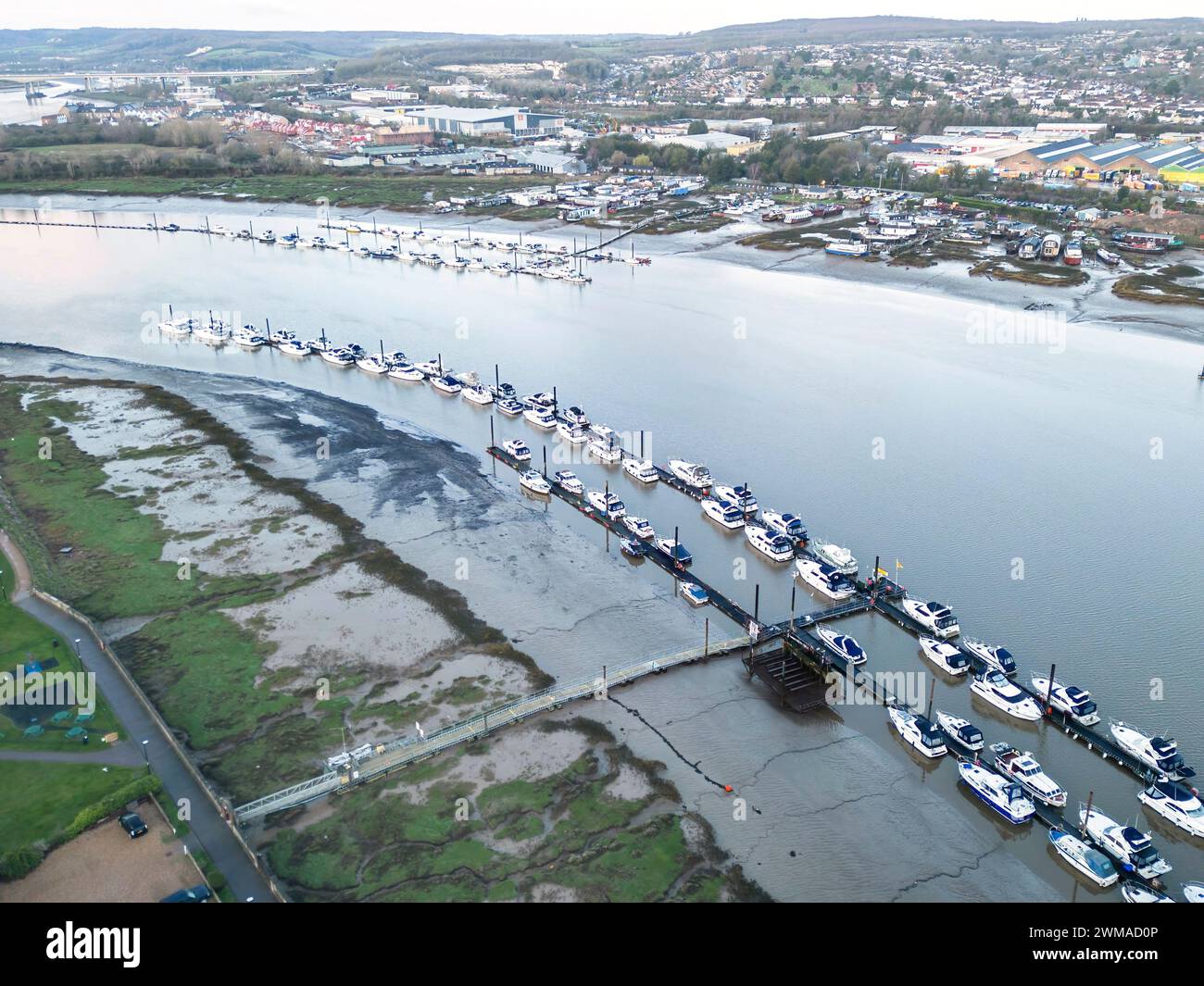 aerial view of boats moored on the river Medway at Rochester Kent Stock ...